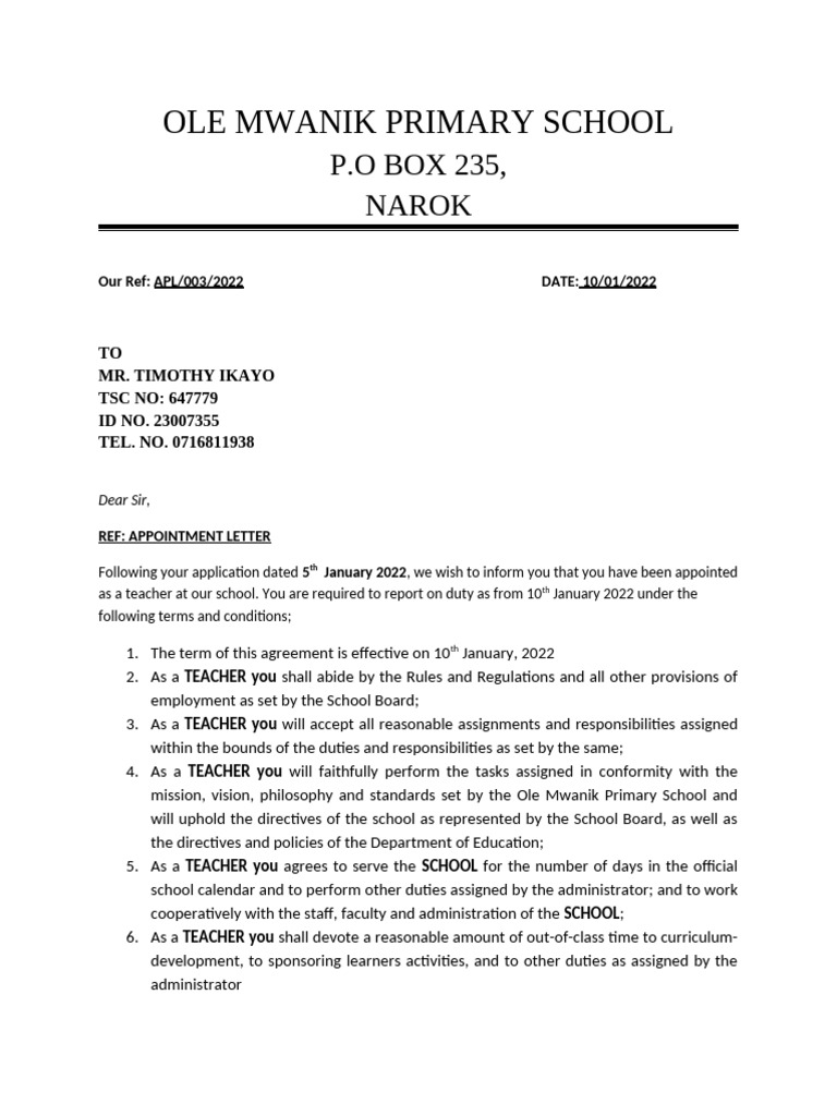 Teacher Appointment Letter - Ole Mwanik School | PDF