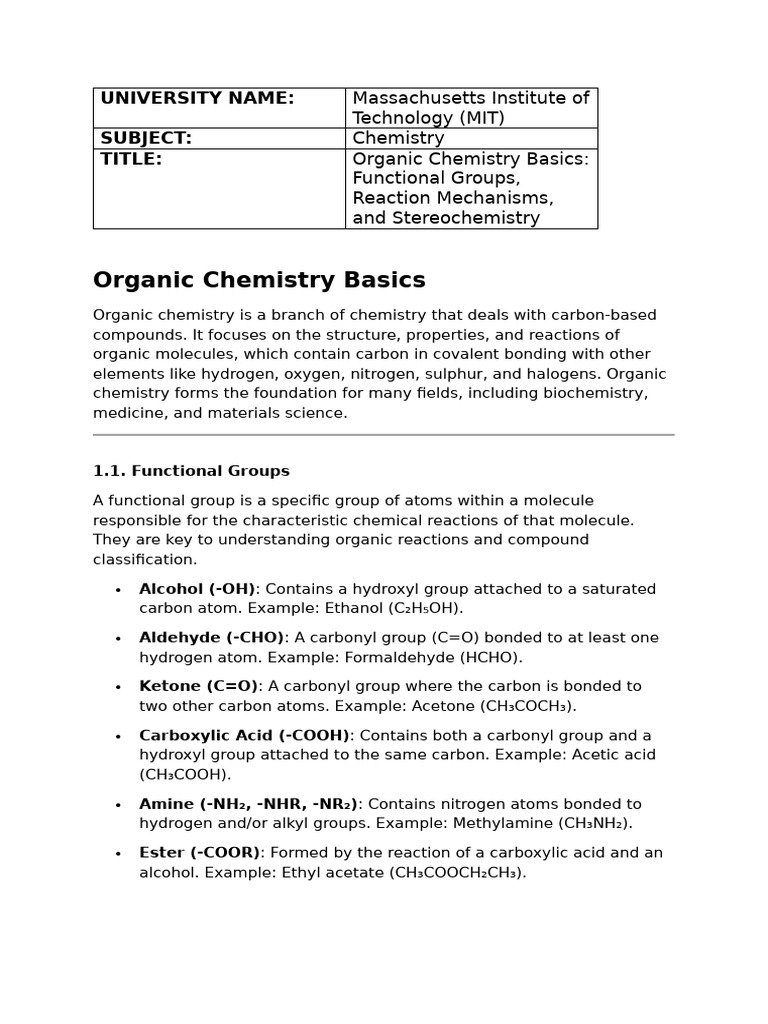 Organic Chemistry Basics Functional Groups, Reaction Mechanisms, and ...