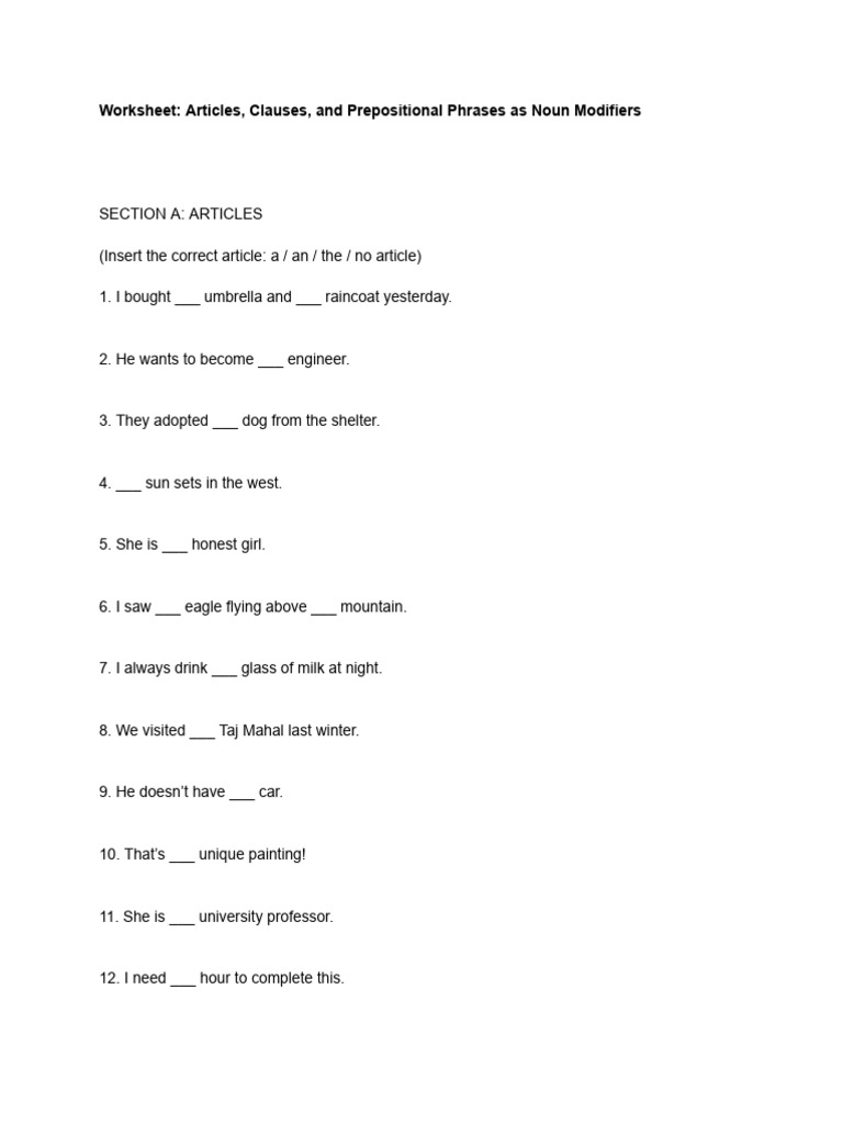 Noun Modifiers: Articles, Clauses, Phrases | PDF | Linguistics | Syntax