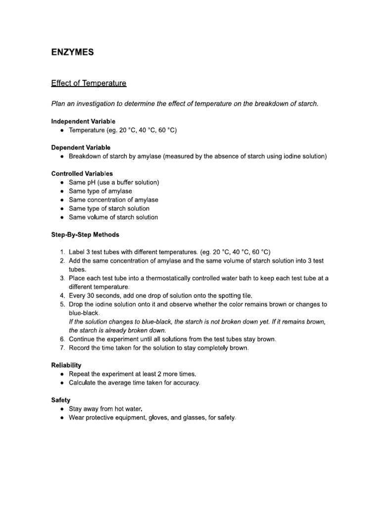 IGCSE Biology Experiment (Enzymes & Photosynthesis) | PDF