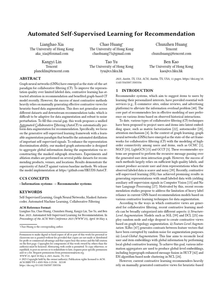 Automated Self-Supervised Learning for Recommendations | PDF | Vertex ...