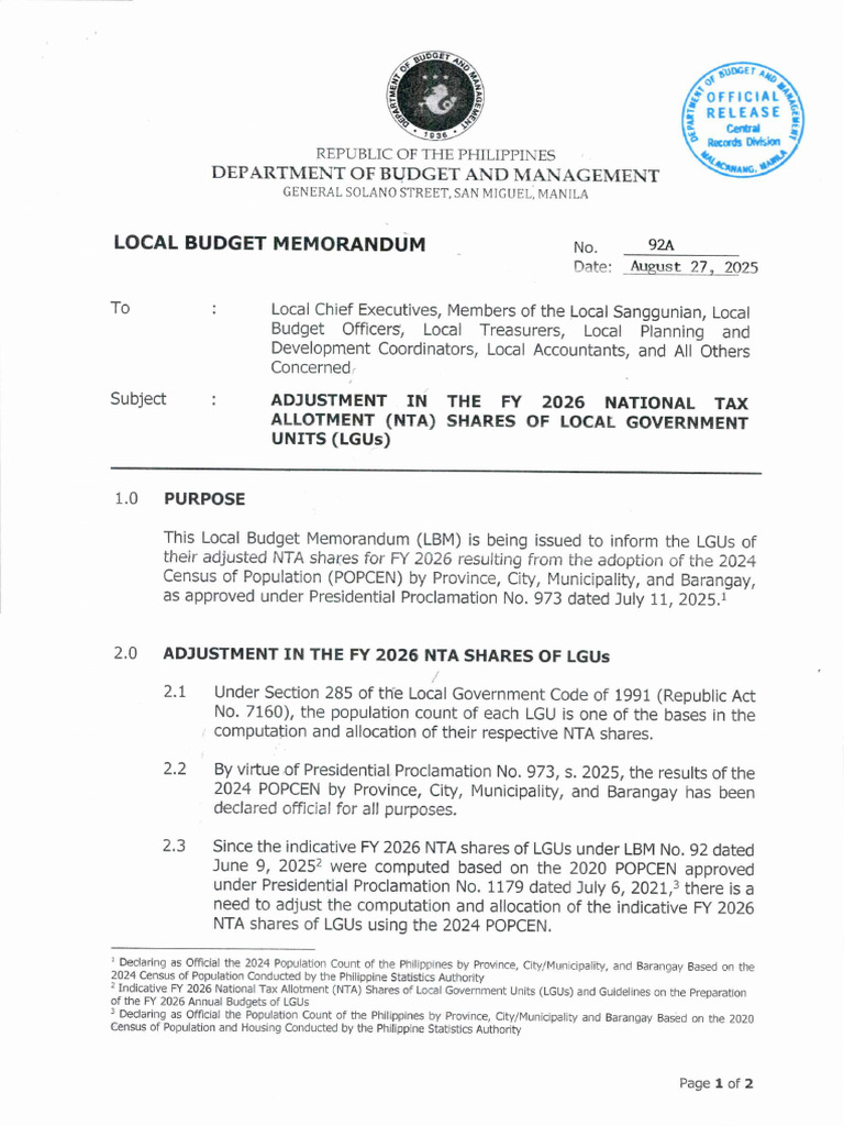 Local Budget Memorandum No. 92a | PDF | Government | Philippines