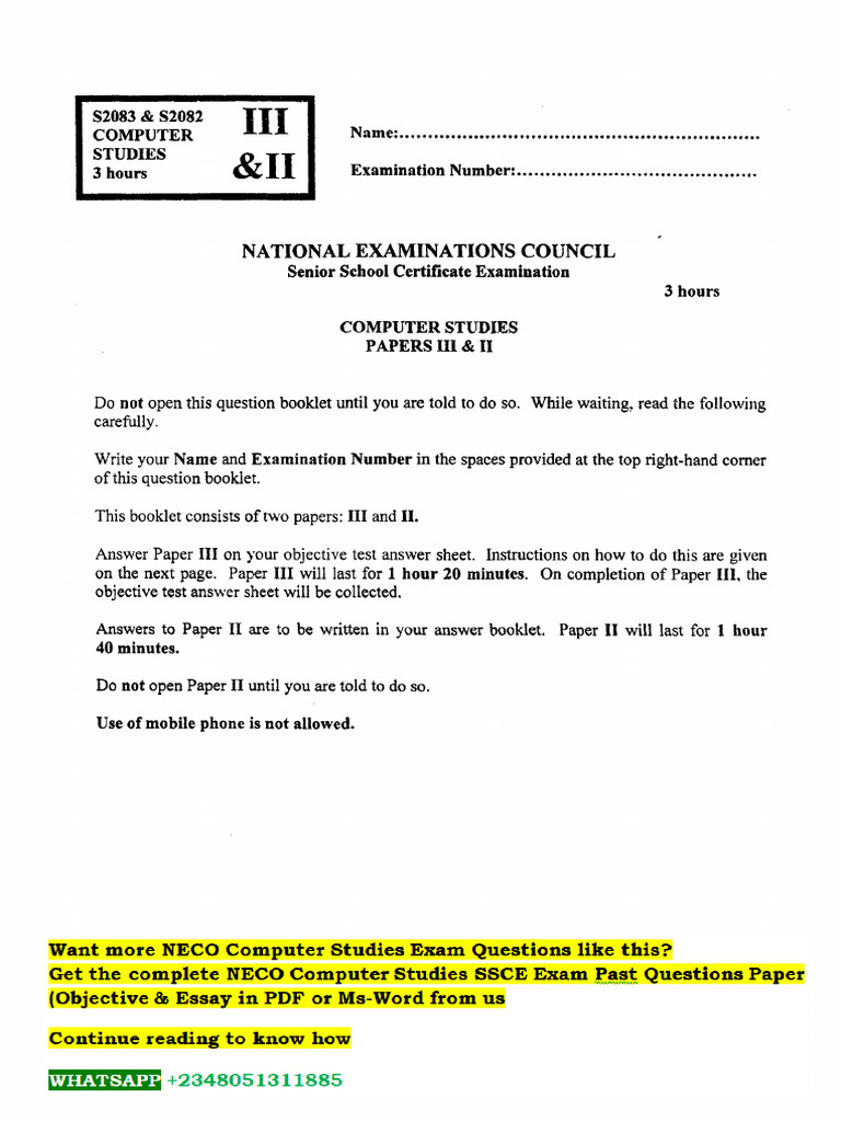 Neco Past Question On Computer Studies | PDF