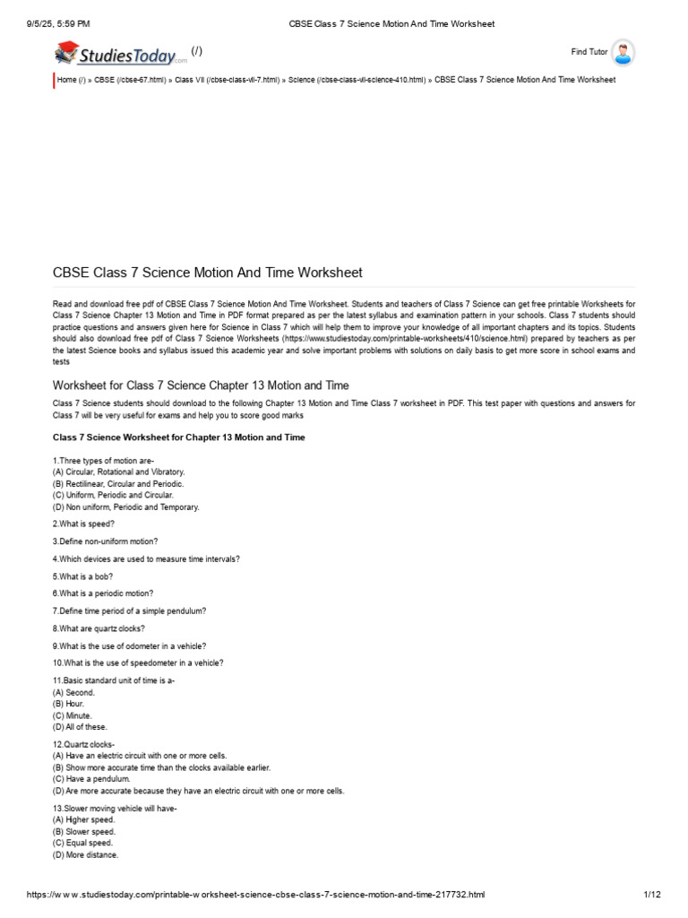 Class 7 Motion and Time Worksheet | PDF | Speed | Pendulum