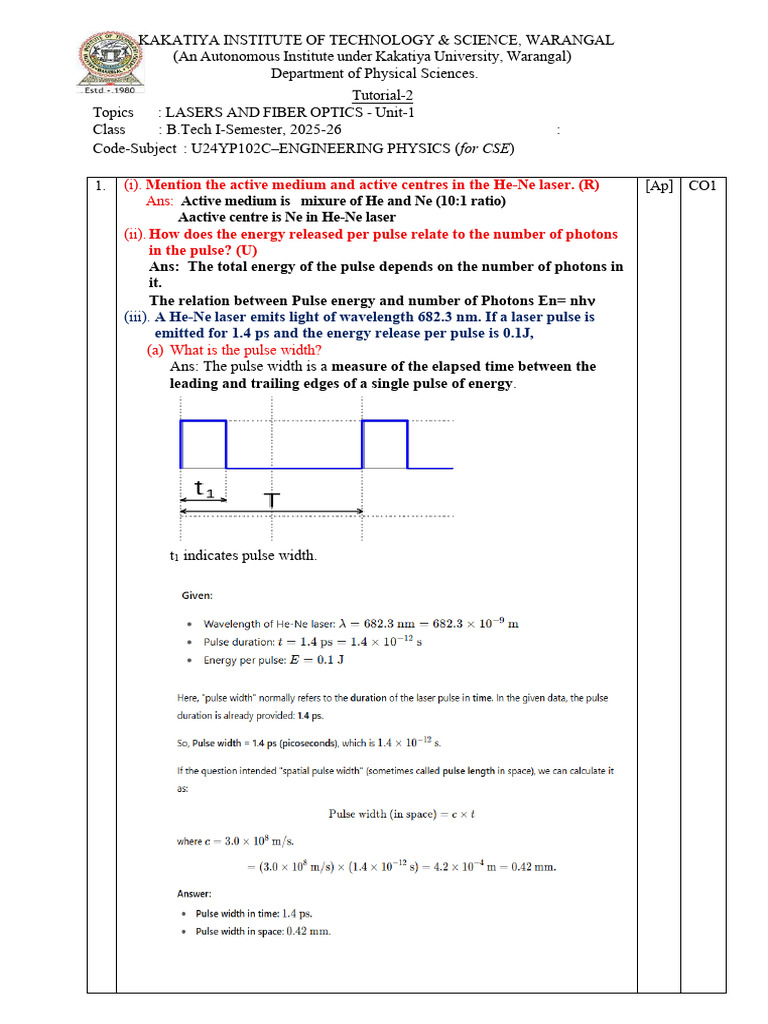 Laser&FO Tutorial2 Solutions | PDF | Optical Fiber | Laser