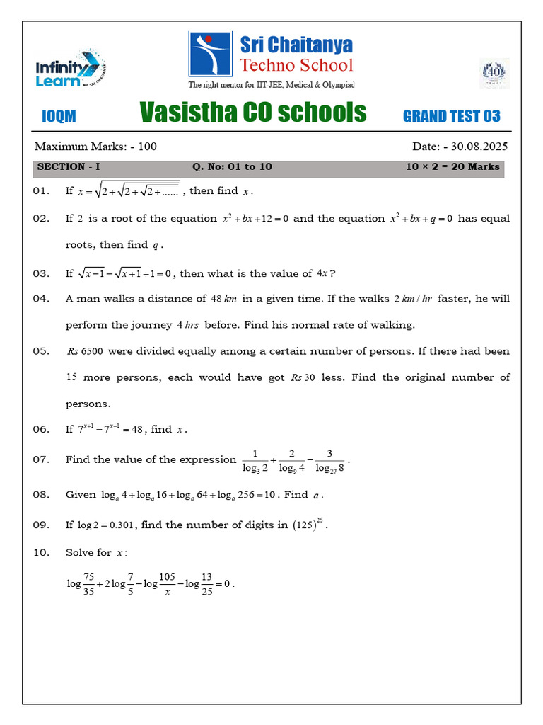 IOQM Grand Test 03 Question Paper | PDF | Rupee | Mathematics