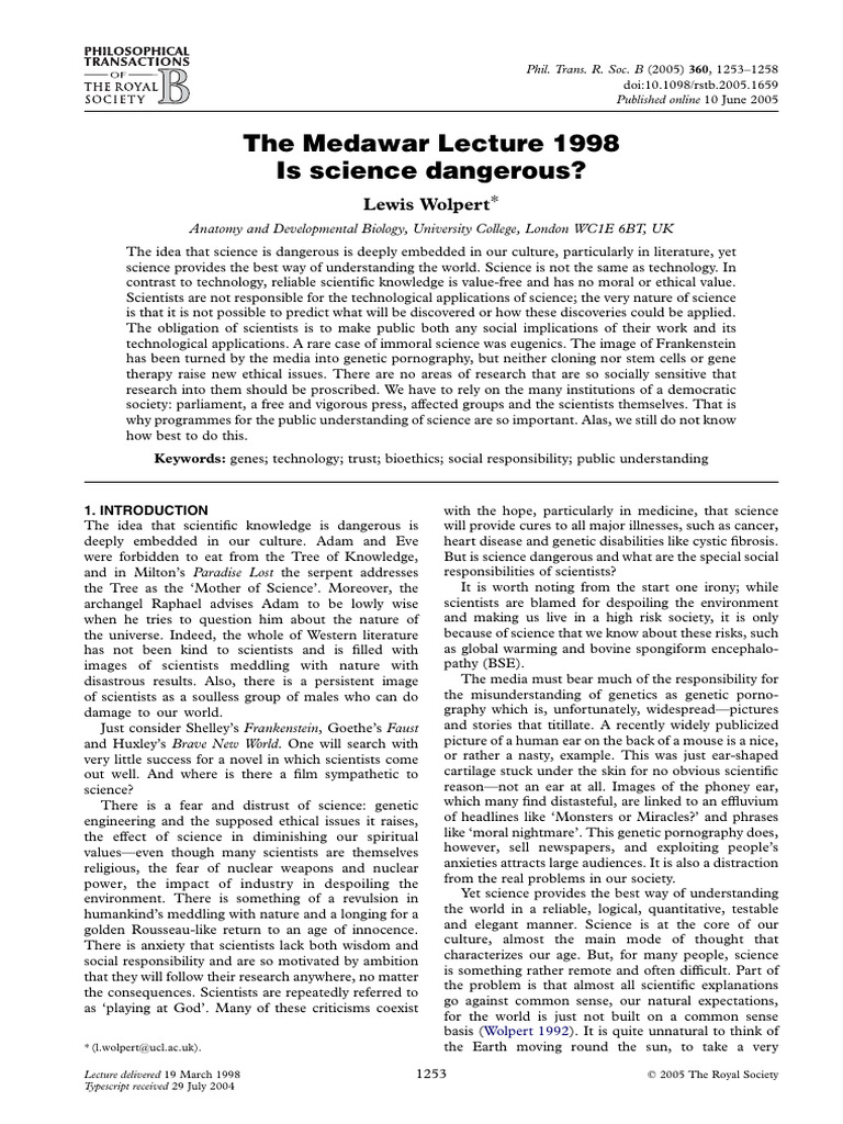 Wolpert (2005) - The Medawar Lecture 1998 Is Science Dangerous - 0 ...
