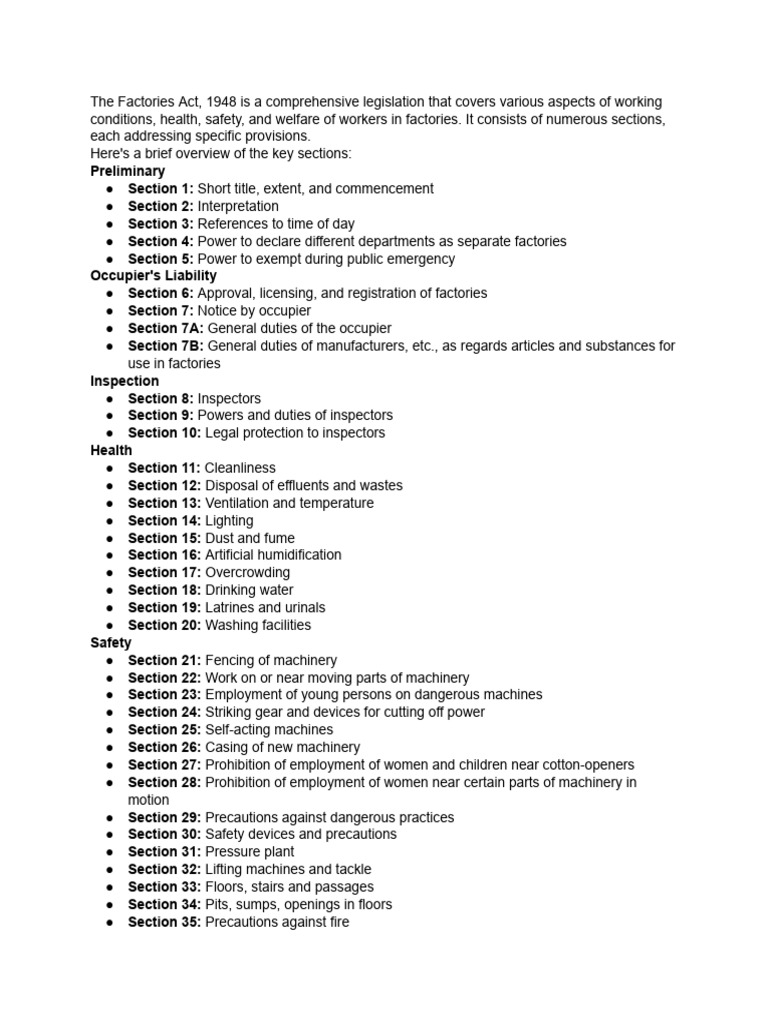 Overview of Factory Act 1948 Sections | PDF | Working Time | Labor