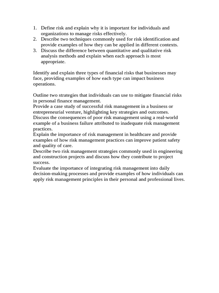 Risk Question and Explain Why It Is Important For in | PDF