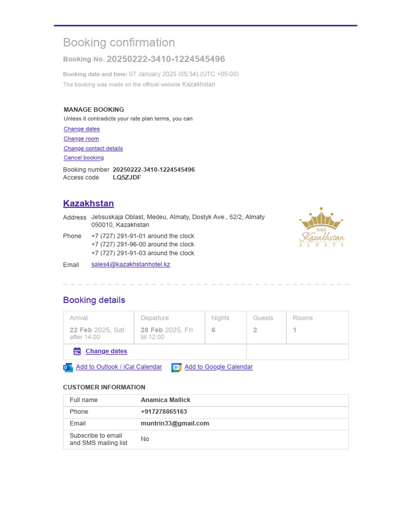 Booking Confirmation. Booking No. 20250222-3410-1224545496 | PDF