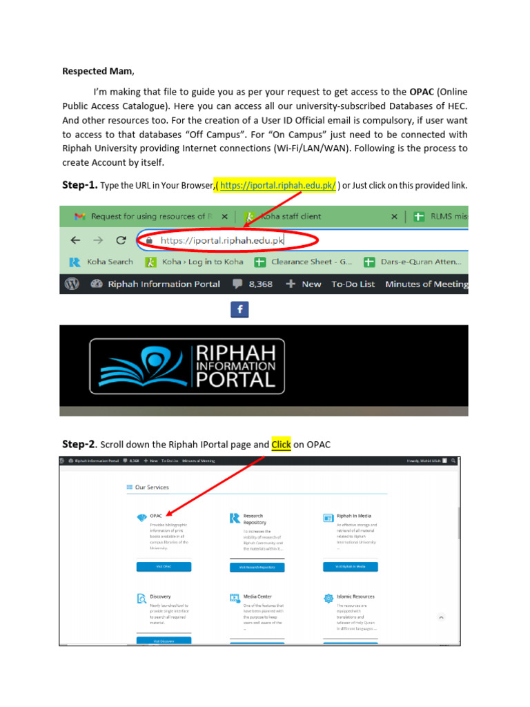 For The Creation of Riphah OPAC User ID | PDF