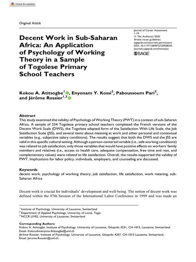 Decent Work in Togo: Psychology of Working | PDF | Employment | Teachers