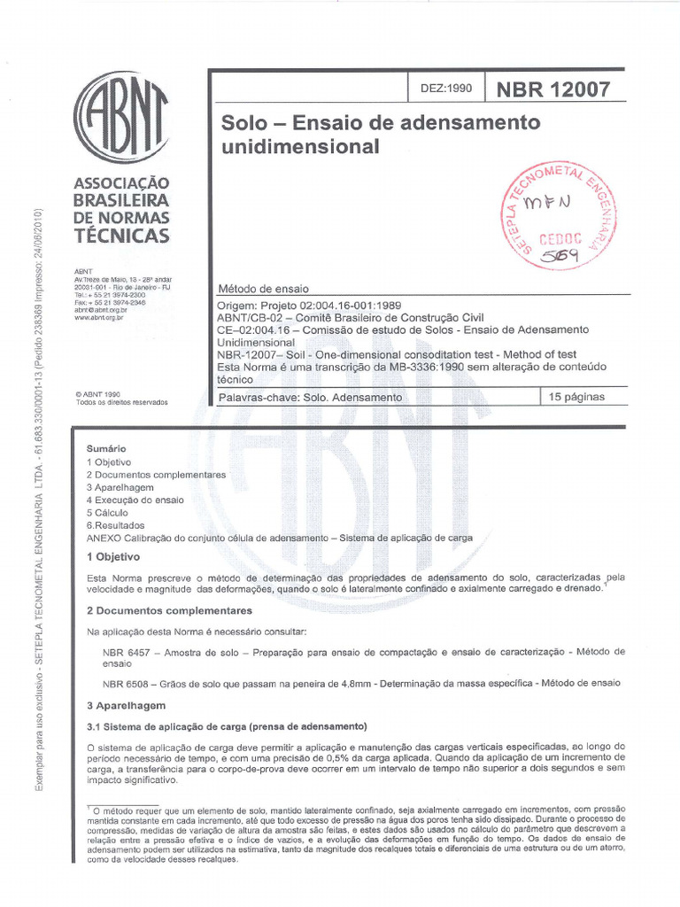 NBR 12007 - Solo - Ensaio de Adensamento Unidimensional | PDF
