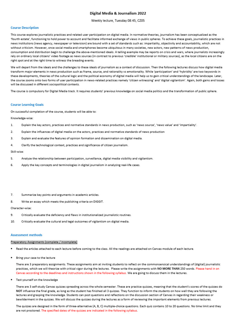 Digital Media & Journalism Course Overview | PDF | News | Journalism