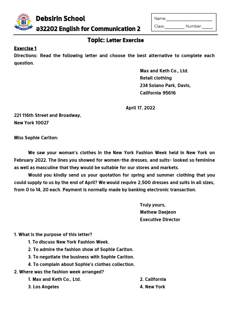 Business Letter Writing Exercises | PDF