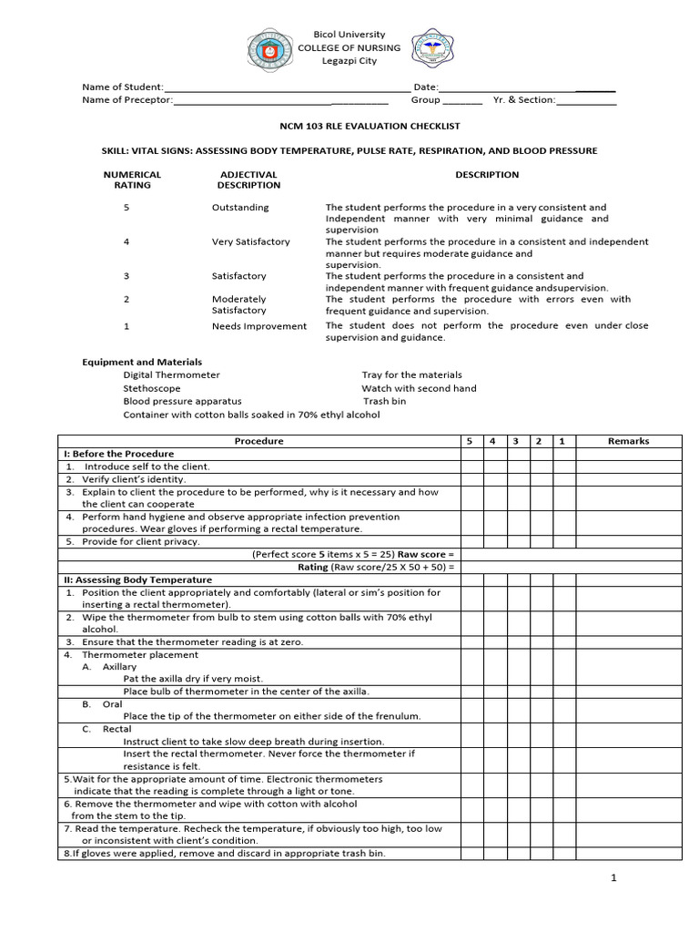 Performance Checklist For Vs Edited 1-30-2023 | PDF | Blood Pressure ...