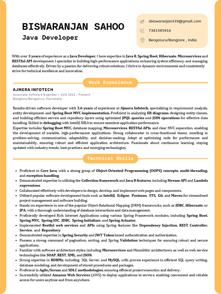 Biswaranjan Sahoo JAVA Develoer Resume | PDF | Spring Framework | Software Development