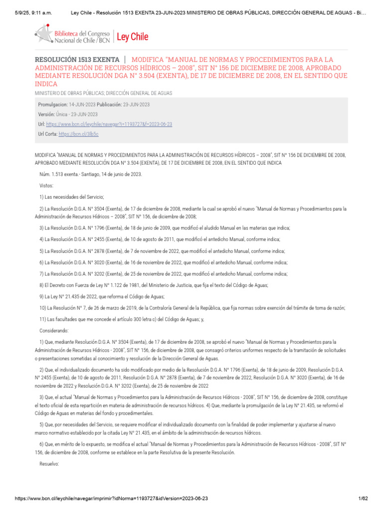 Ley Chile - Resolución 1513 Exenta 23-Jun-2023 Ministerio de Obras ...