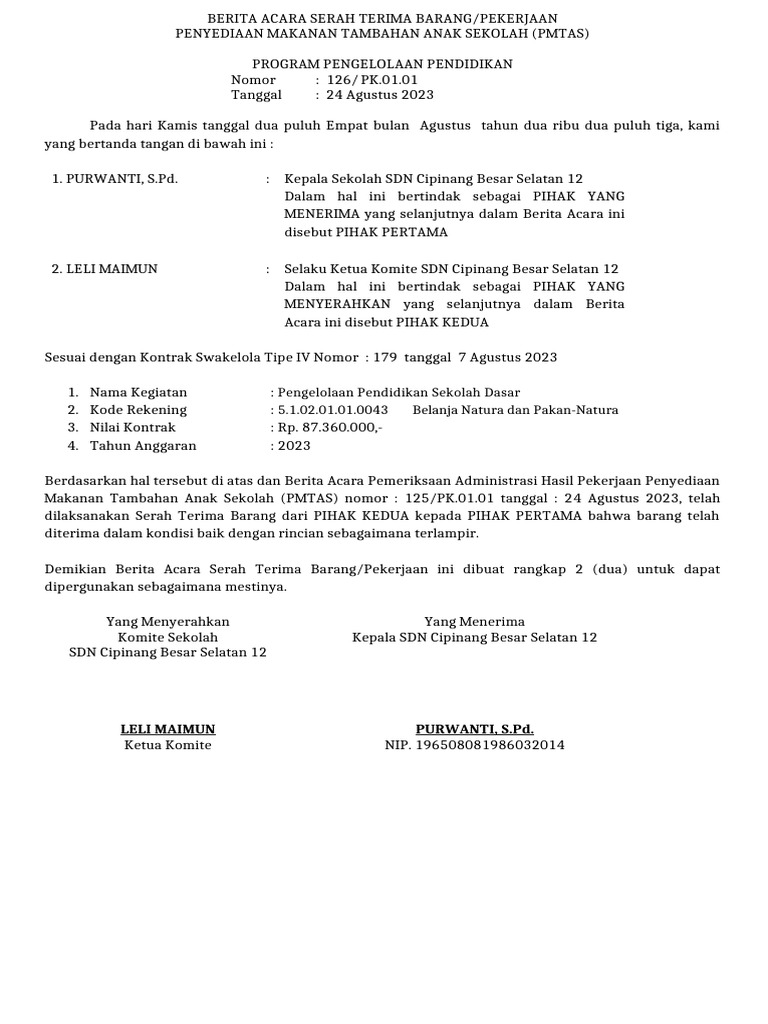 BAST Komite Ke Sekolah (Harian) 29 AGSt-05 Sept | PDF