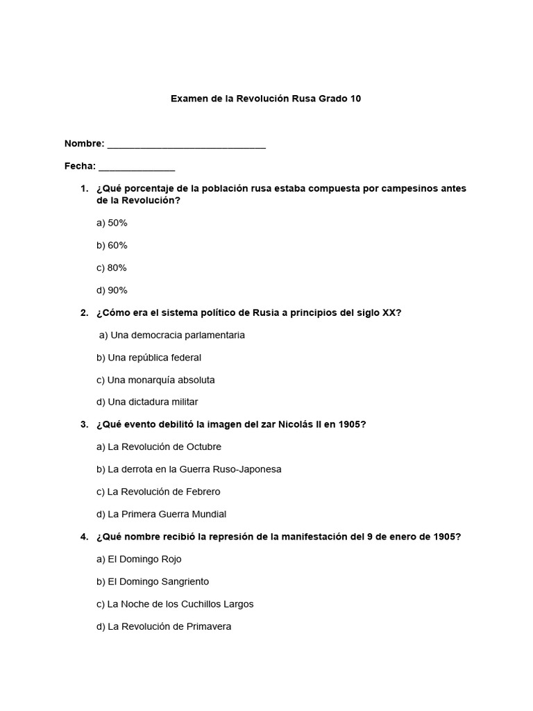 Examen sobre la Revolución Rusa 1917 | PDF | Imperio ruso | revolución rusa