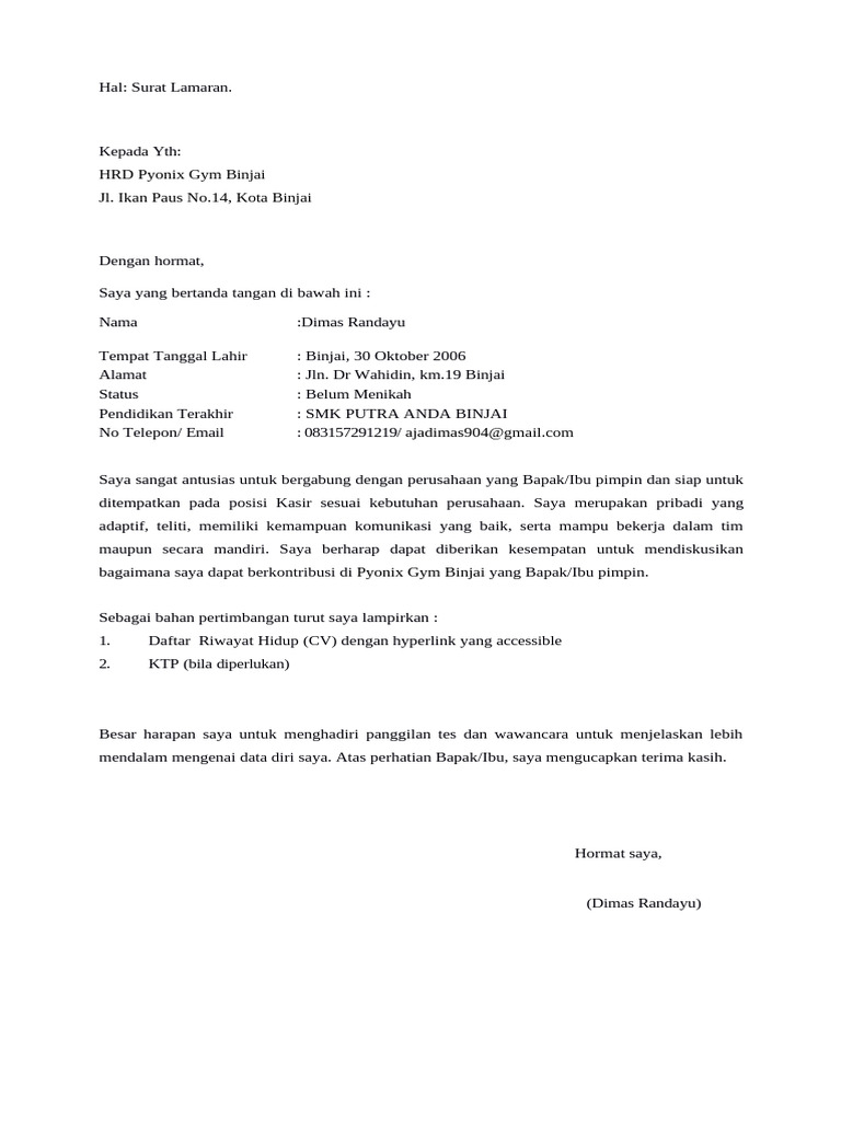 Surat Lamaran Pyonix Dimas Randayu | PDF