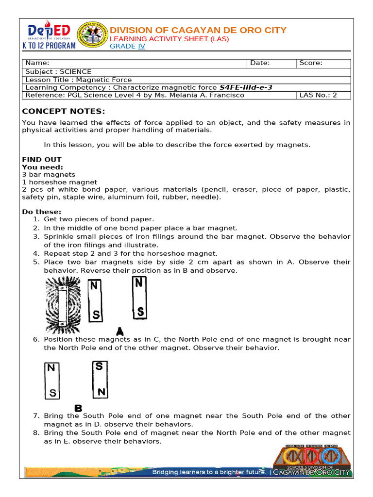 Grade IV Science: Magnetic Force LAS | PDF | Magnet | Force