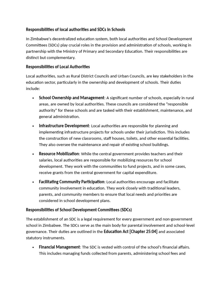 Roles of Local Authorities and SDCs in Zimbabwe Schools | PDF ...