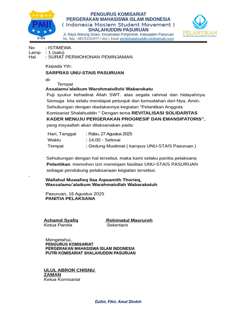 Undangan Pelantikan Kader PMII 2025 | PDF