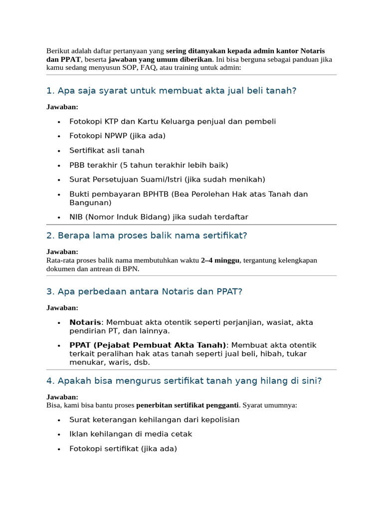 FAQ Notaris dan PPAT: Proses & Biaya | PDF