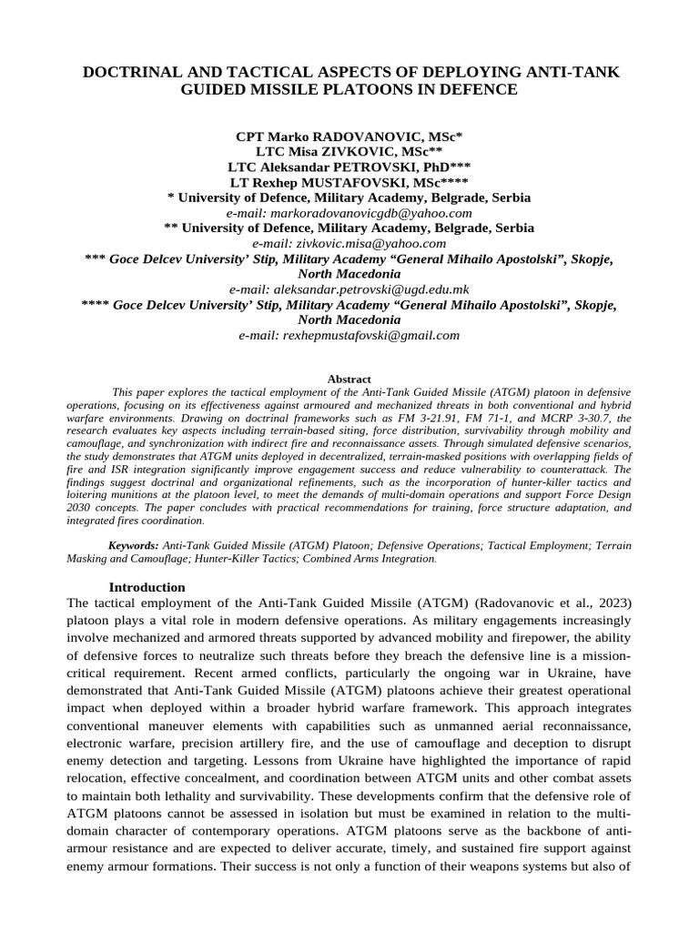 Doctrinal and Tactical Aspects of Deploying Anti-Tank Guided Missile ...