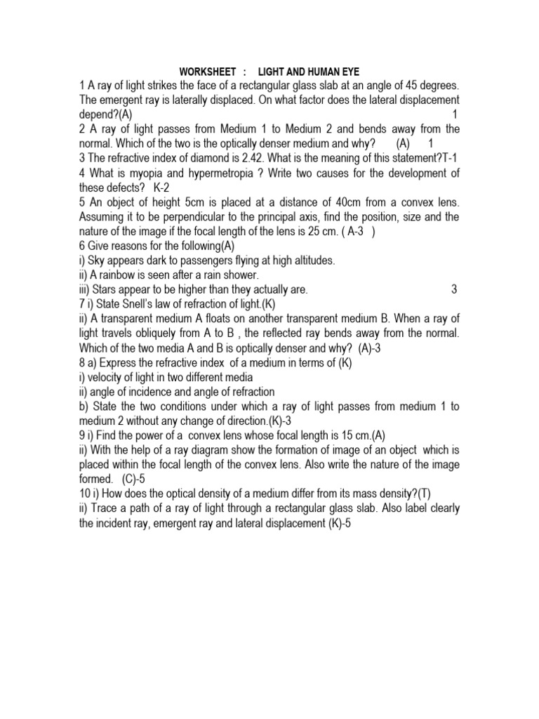 Grade - 10 - Ligt & Human Eye WS 3 | PDF