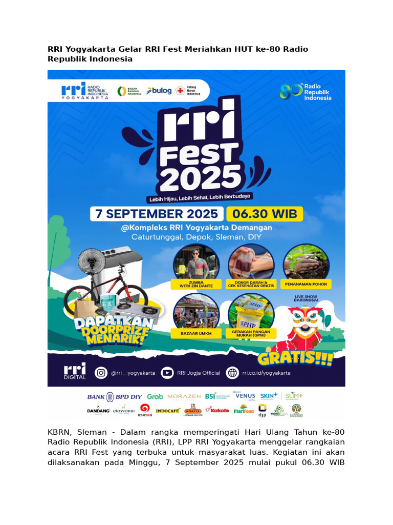 RRI Fest: Rayakan HUT ke-80 RRI Yogyakarta | PDF