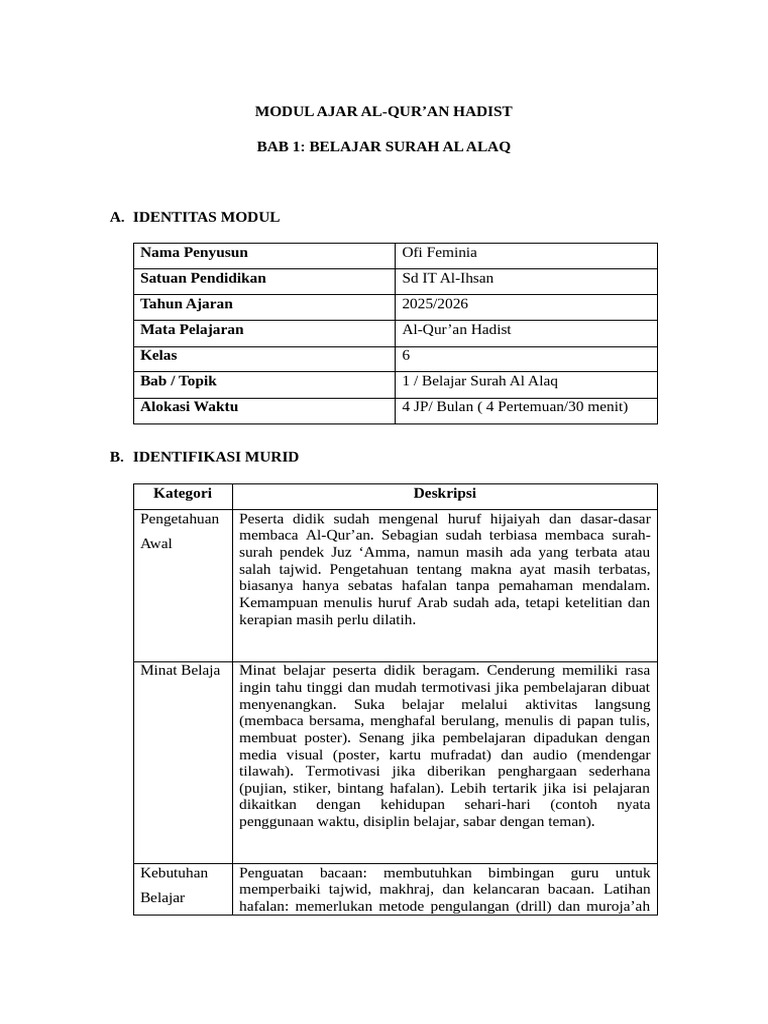 Modul Deeplearning Al-Quran Hadist Kelas 6 Bab 1 | PDF