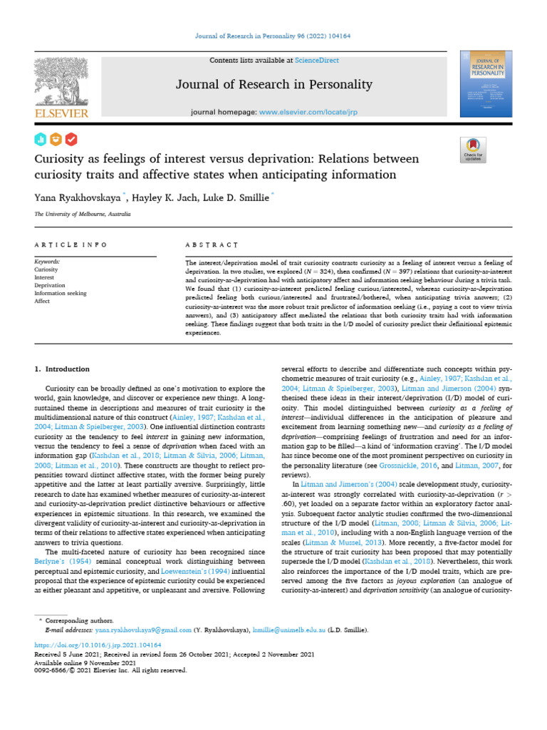 Curiosity Traits and Affective States | PDF | Curiosity | Affect ...
