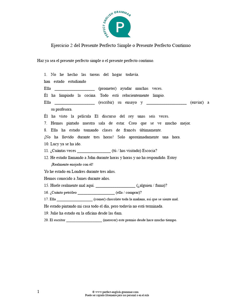 Presente Perfecto Simple o Presente Perfecto Continuo 2 | PDF