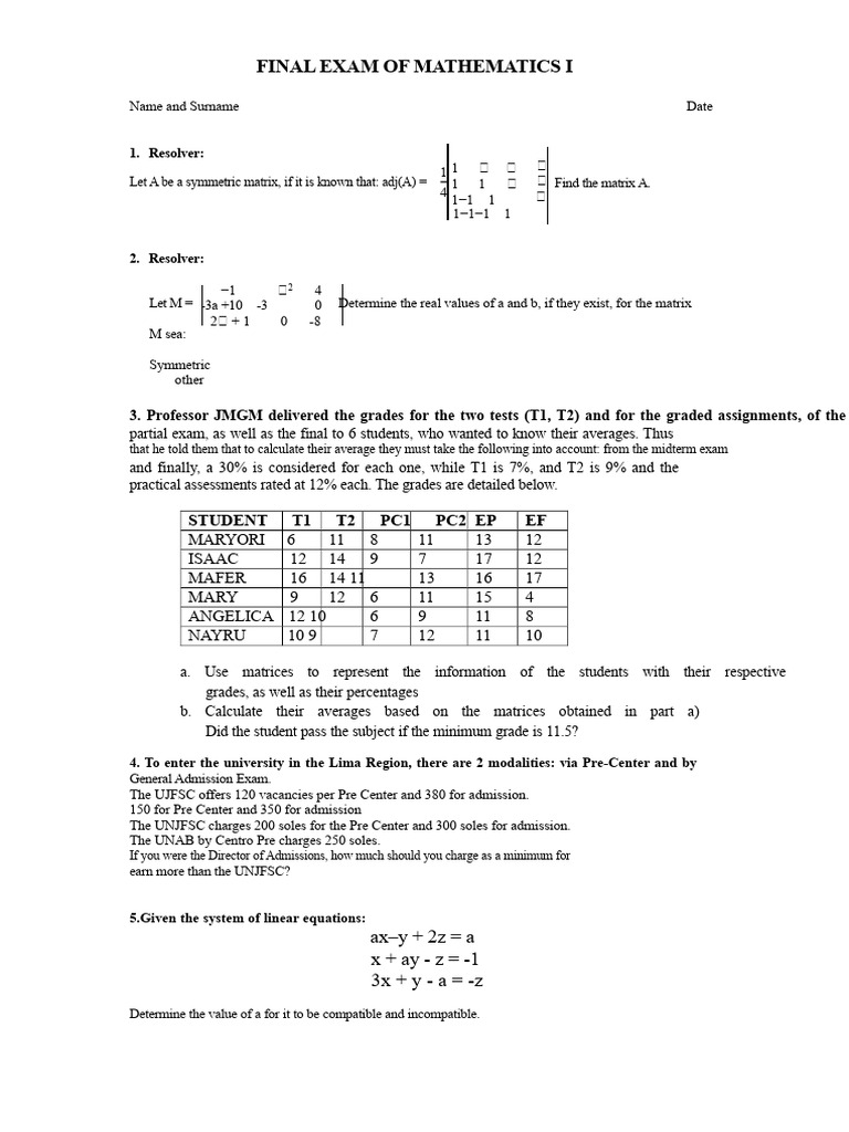 Mathematics I Final Exam Overview | PDF | Matrix (Mathematics ...