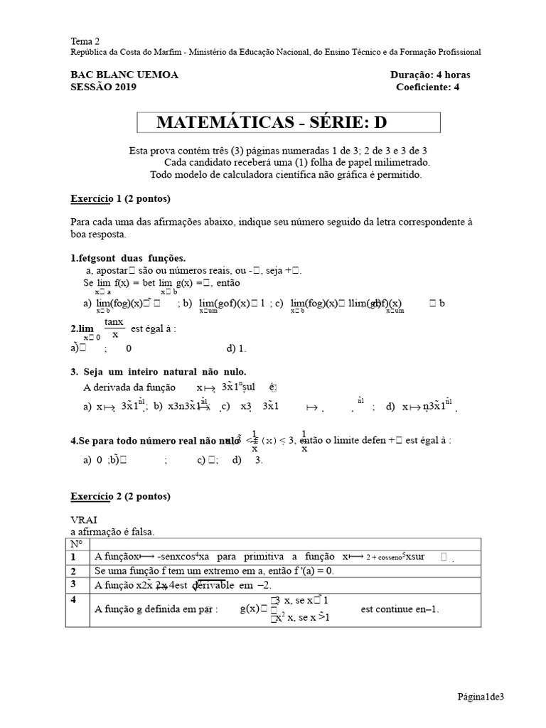 Prova de Matemática BAC Blanc UEMOA 2019 | PDF | Derivado | Círculo
