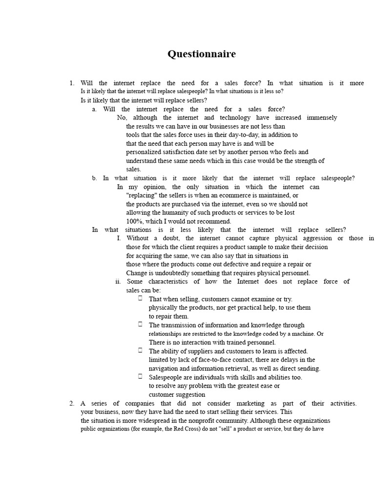 Questionnaire 1 - Introduction To Sales Management | PDF | Sales | Business