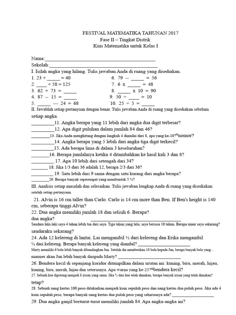 Kuis Matematika Festival 2017 untuk Kelas I-III | PDF
