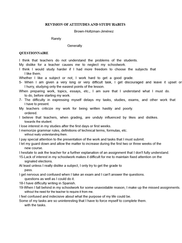 Student Attitudes and Study Habits Survey | PDF | Teachers | Psychology