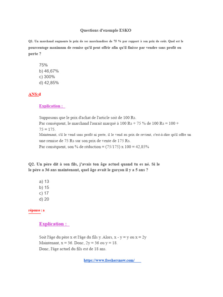Questions de logique et mathématiques ESKO | PDF | Pourcentage ...