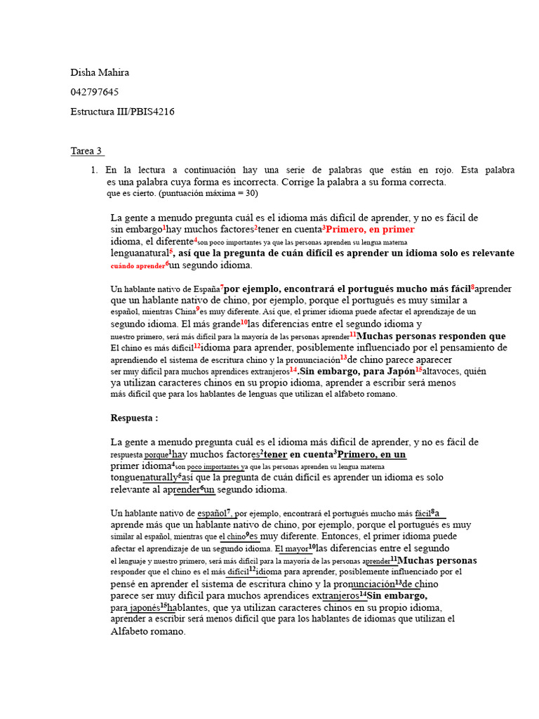 Tarea 3 Estructura III (Disha) | PDF | Idioma chino | Primer idioma