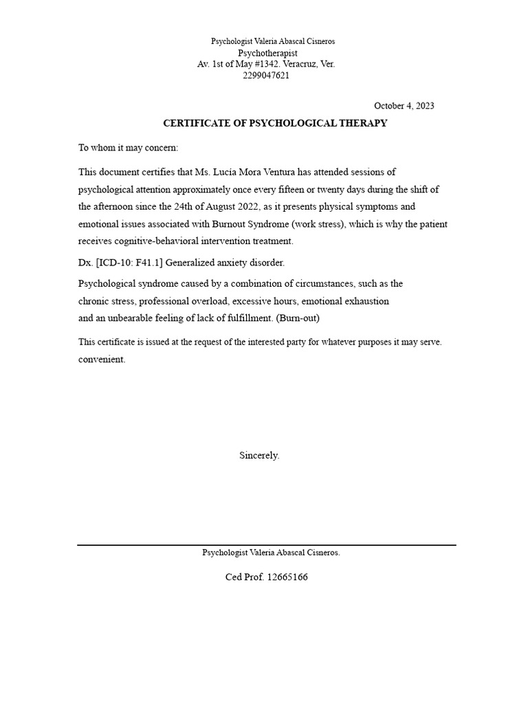 Certificate of Psychological Therapy for Burnout | PDF
