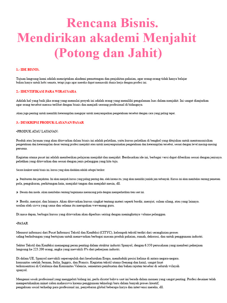 Rencana Bisnis Akademi Menjahit | PDF