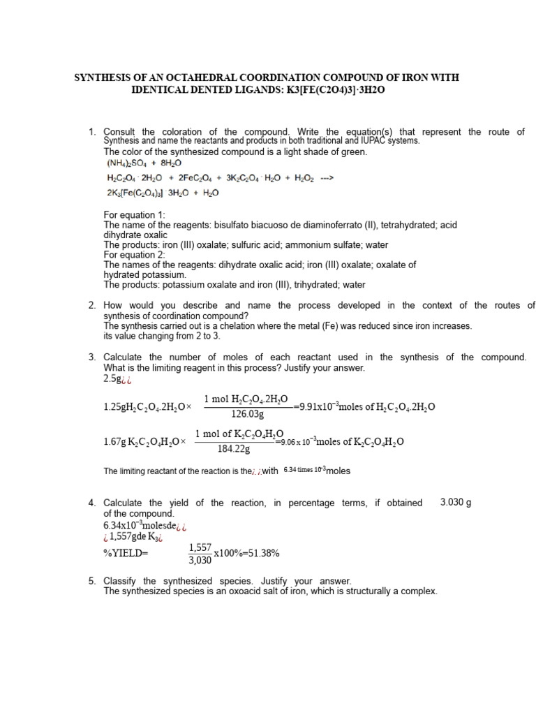 Synthesis of K3[Fe(C2O4)3]·3H2O | PDF | Coordination Complex | Ligand