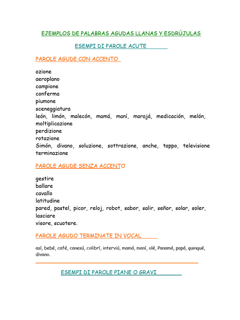 Esempi Di Parole Agude, Piane e Proparossitone | PDF