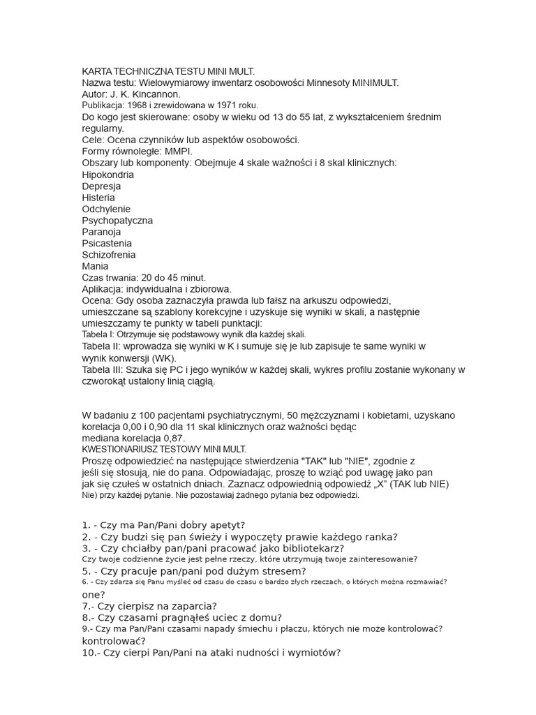 Karta Techniczna Testu Mini Mult | PDF