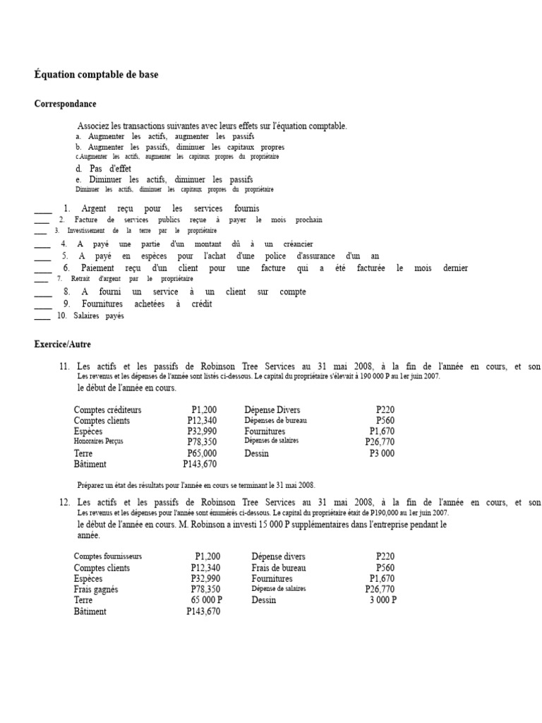 Exercices Sur L'équation Comptable de Base | PDF | Comptabilité ...