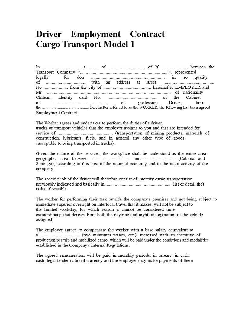 Driver Employment Contract For Freight Transport Model 1 | PDF ...