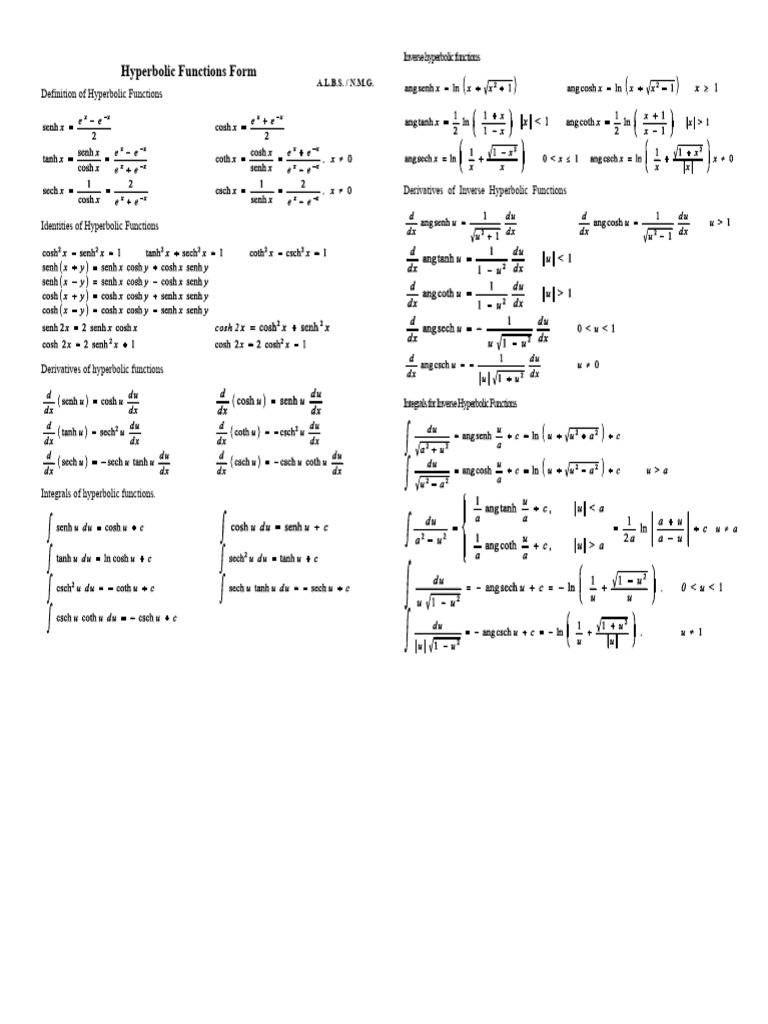 Hyperbolic Functions Form | PDF
